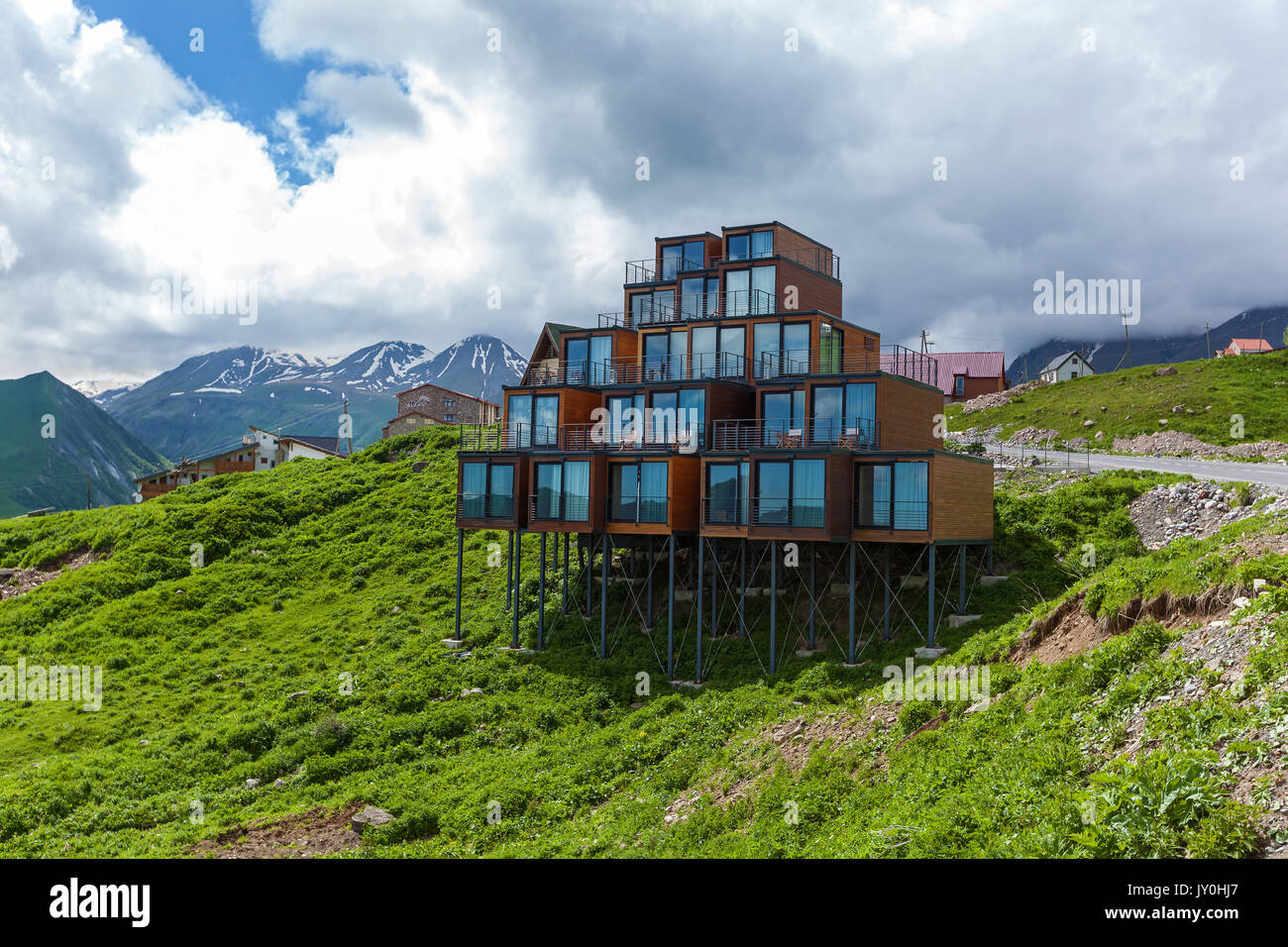 Gudauri, Georgia - 2017 July 27:an unusual hotel is in a skiing resort ...