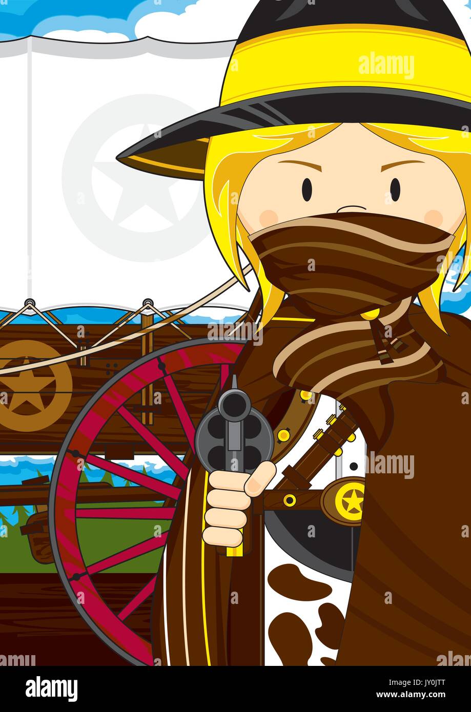 Cute Cartoon Wild West Cowboy and Chuck Wagon Vector Illustration Stock ...