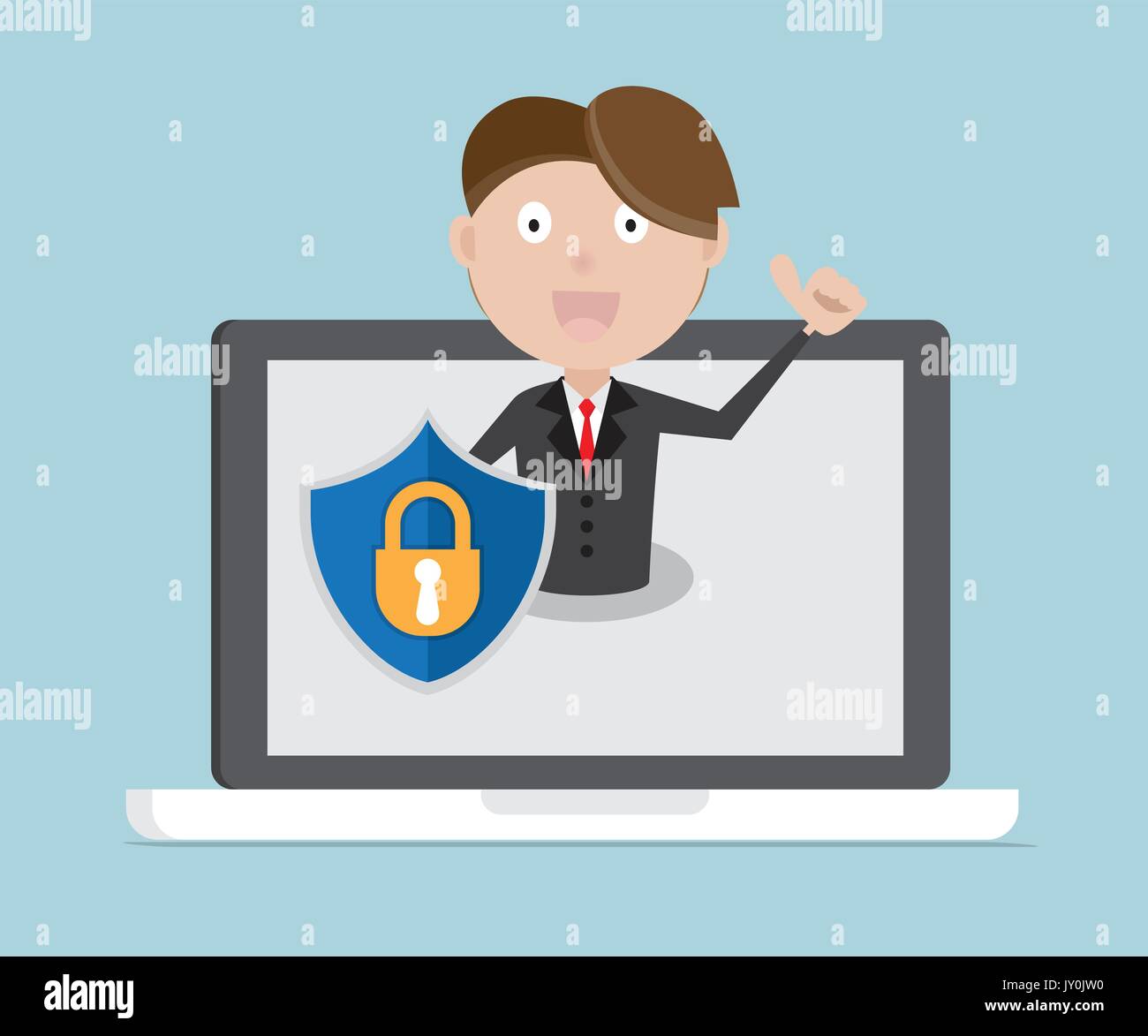 businessman with shield on laptop, network security concept cartoon vector illustration Stock ...