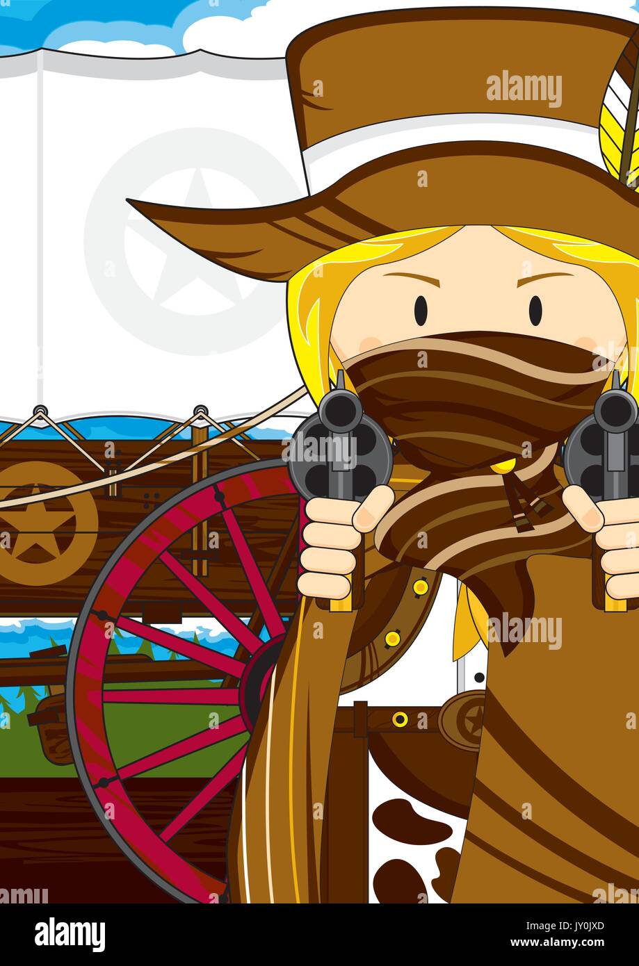 Cute Cartoon Wild West Cowboy and Chuck Wagon Vector Illustration Stock ...