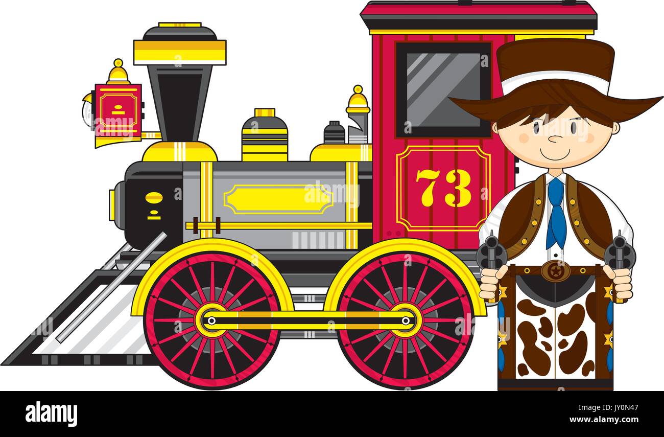 Cute Cartoon Wild West Cowboy and Vintage Steam Train Vector ...