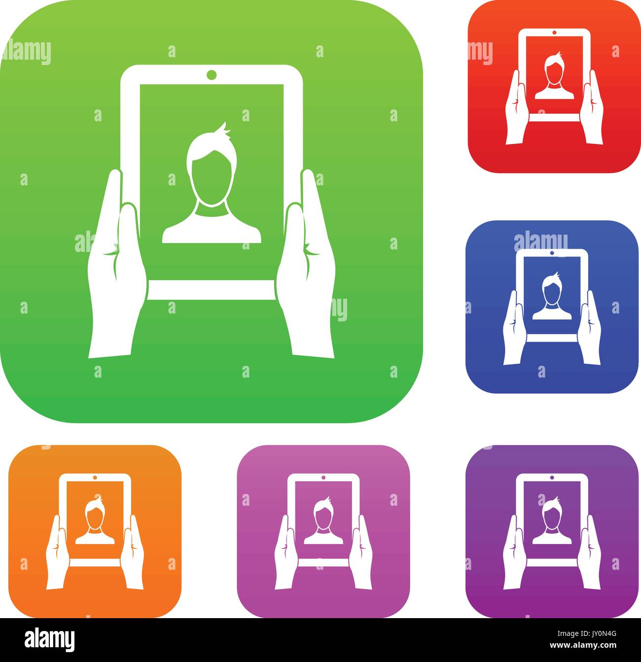 Hands holding a tablet with photo set collection Stock Vector Image ...