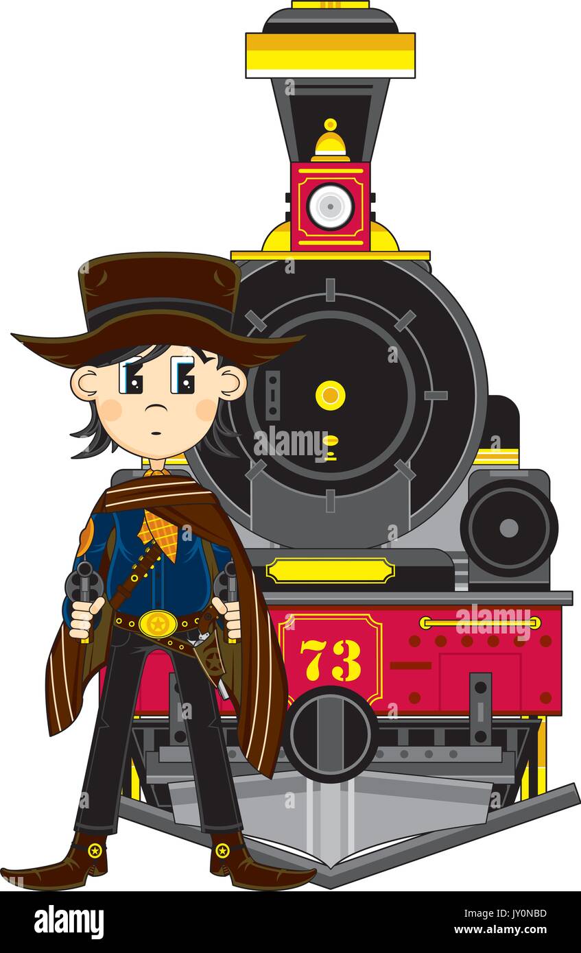 Cute Cartoon Wild West Cowboy and Vintage Steam Train Vector ...