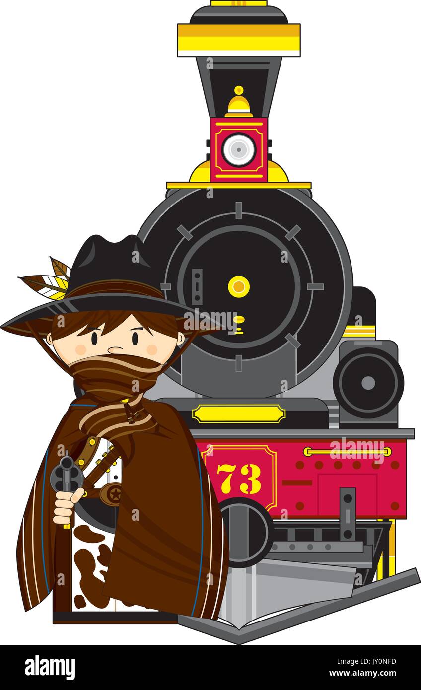 Cute Cartoon Wild West Cowboy and Vintage Steam Train Vector ...