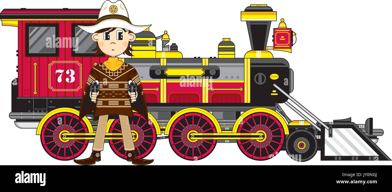 Cute Cartoon Wild West Cowboy and Vintage Steam Train Vector ...