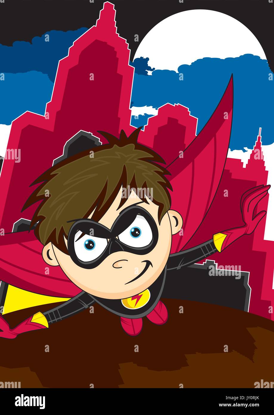 Cute Cartoon Heroic Superhero with City Skyline Vector Illustration ...