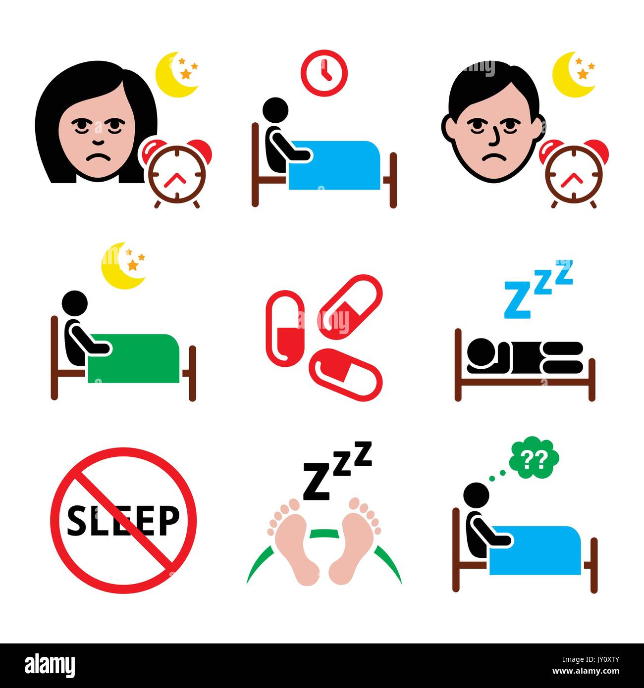 Insomnia, people having trouble with sleeping icons set Health icons ...