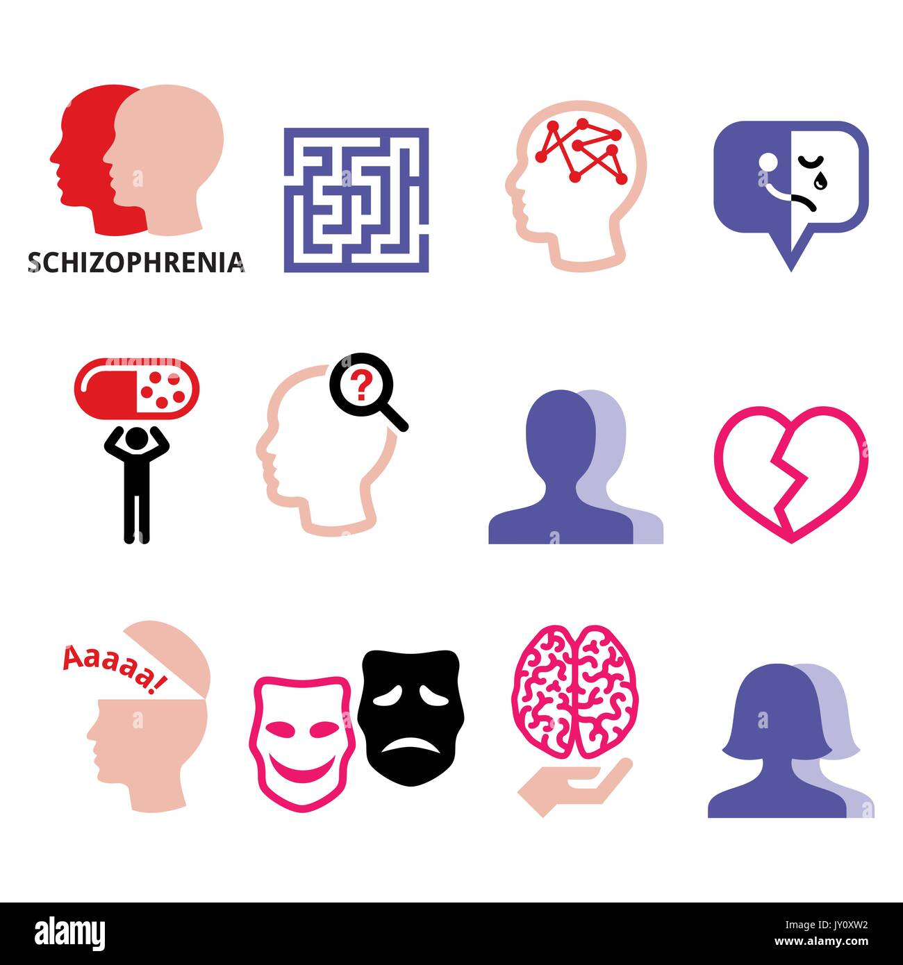 Schizophrenia, mental health, psychology vector icons set Mental ...