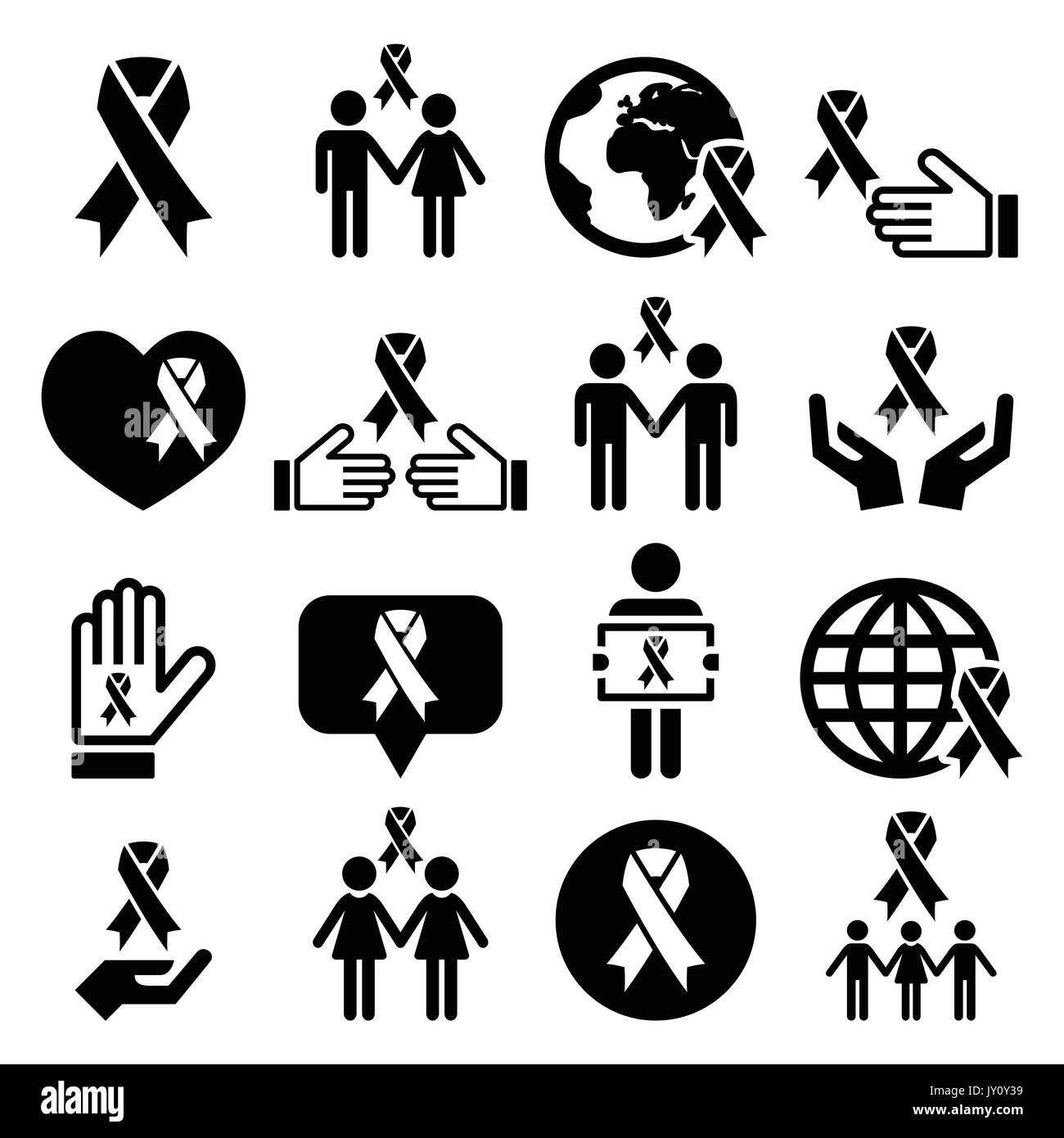 Awareness ribbons with people - black vector icons set Support ...