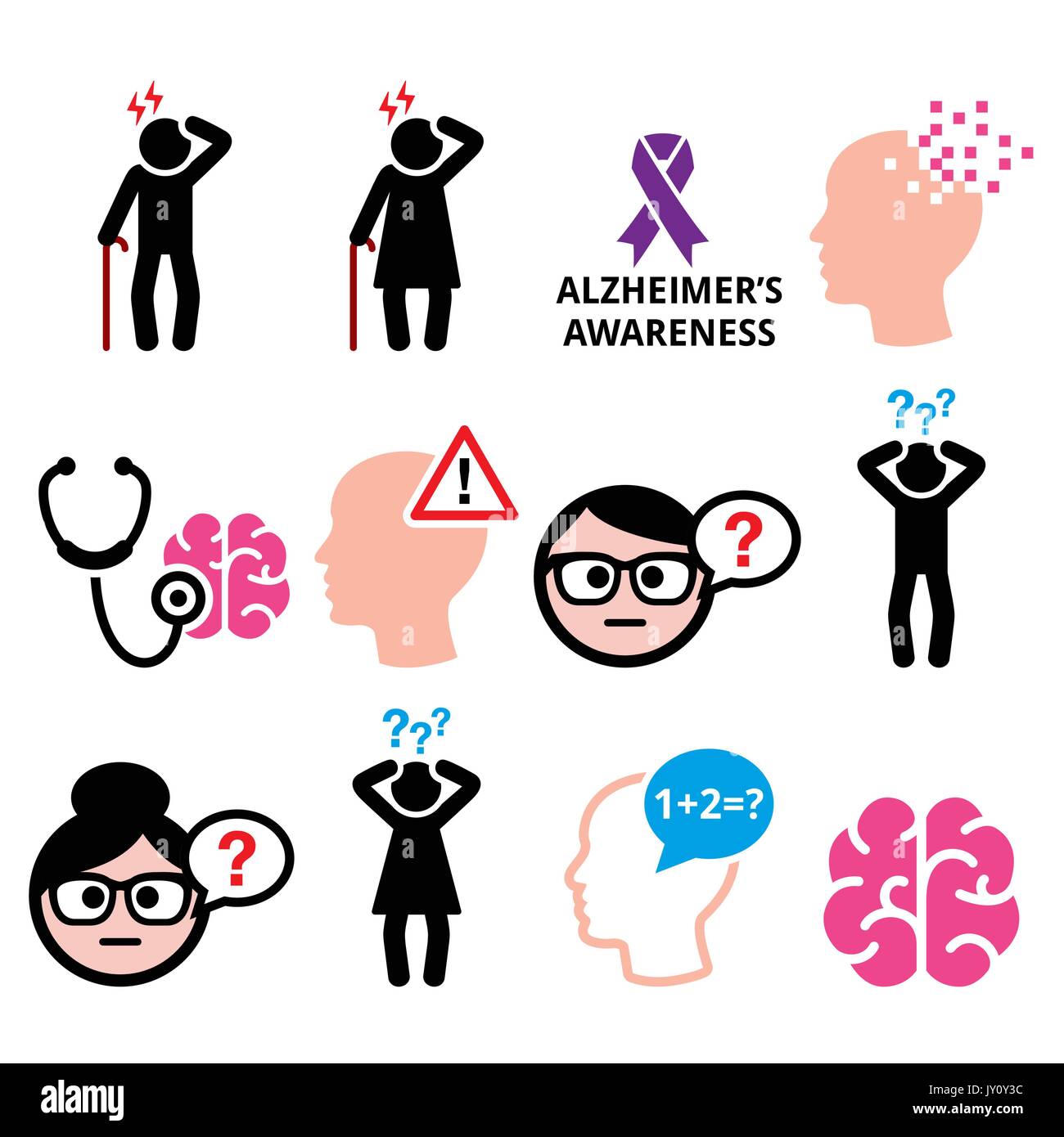 Seniors health - Alzheimer's disease and dementia, memory loss icons ...