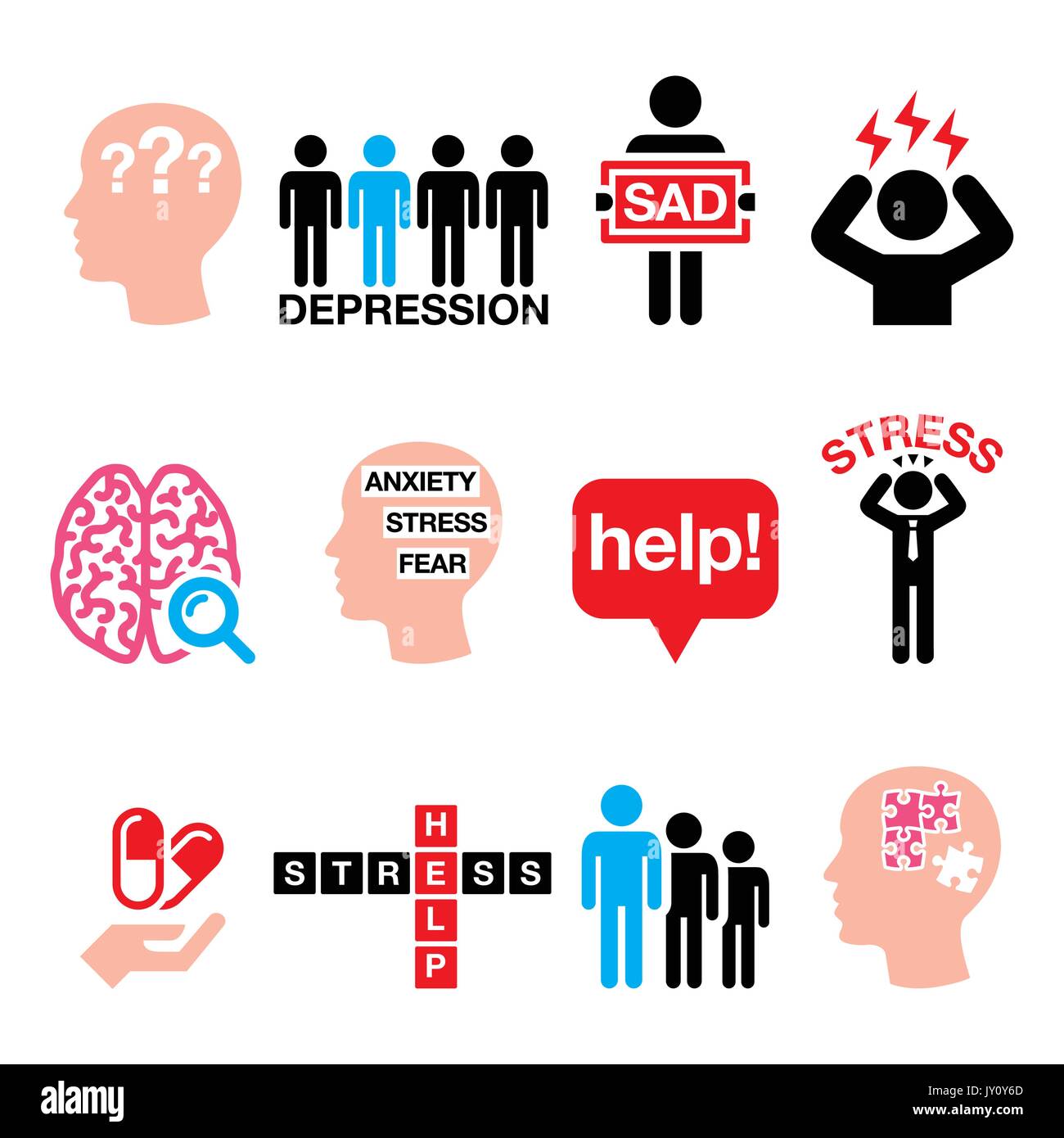 Depression, stress icons set - mental health concept Stock Vector Image ...