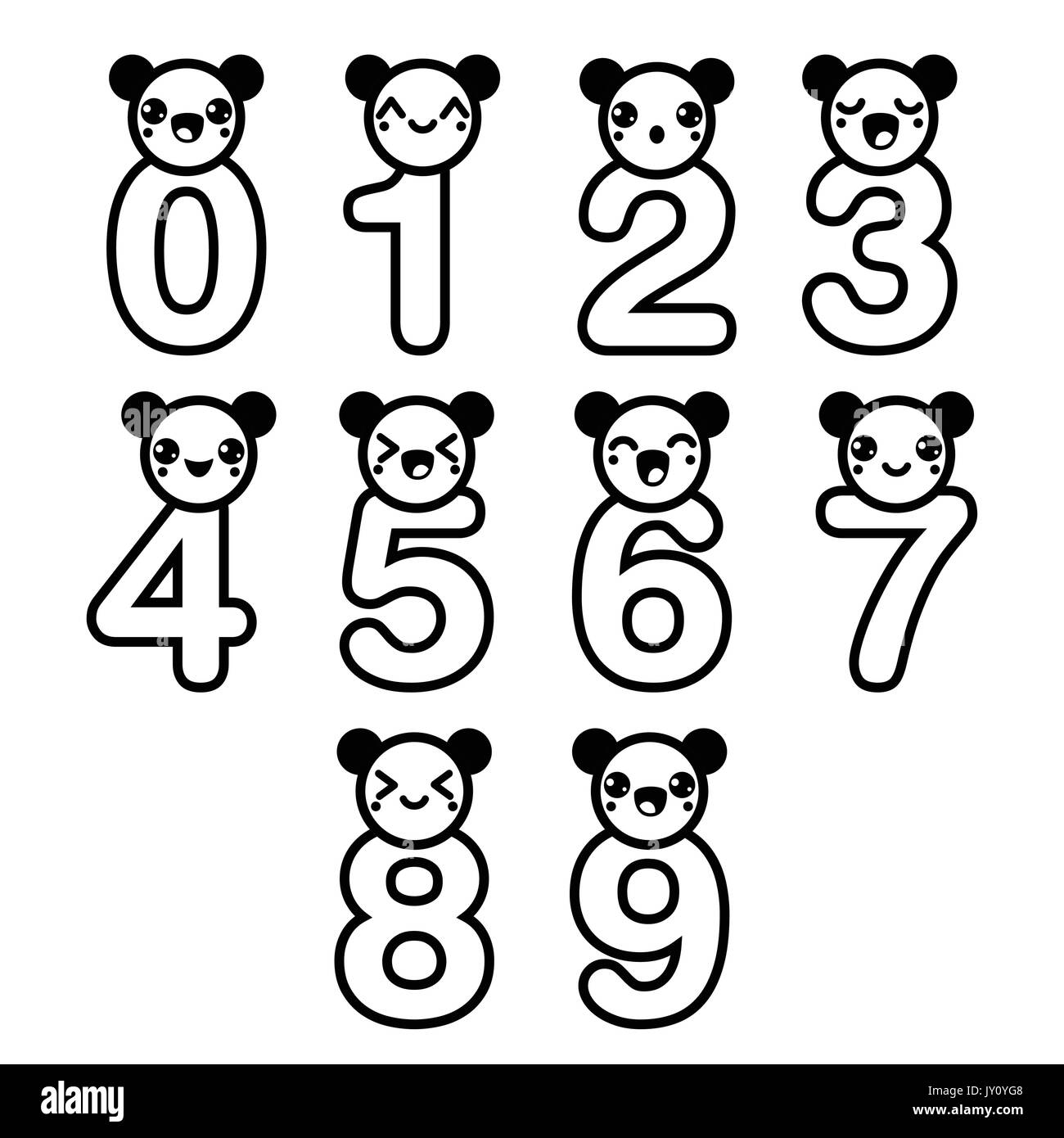 Cute bear Kawaii numbers set - vector Black icons set - numbers Stock ...