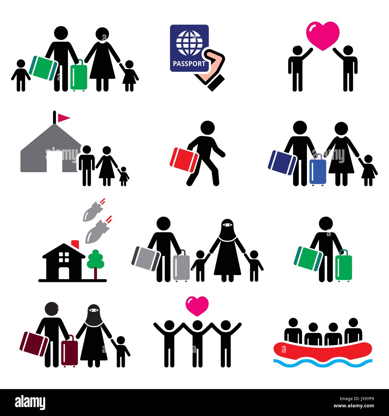 Refugee, immigrants, families running away from their countries icons ...