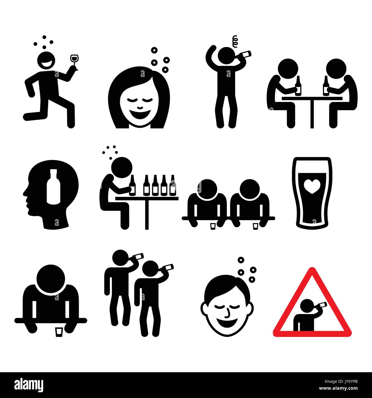 Drunk man and woman, people drinking alcohol icons set Party ...
