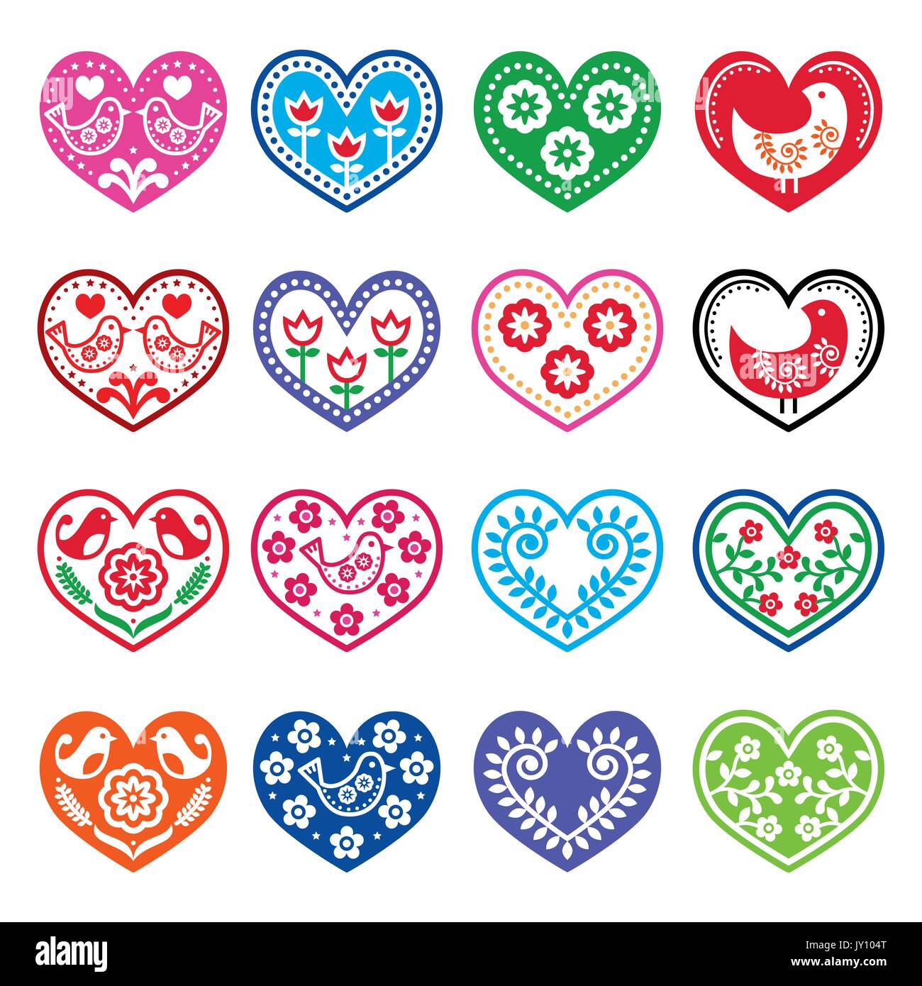 Folk art hearts with flowers and birds icons set Vector design of ...