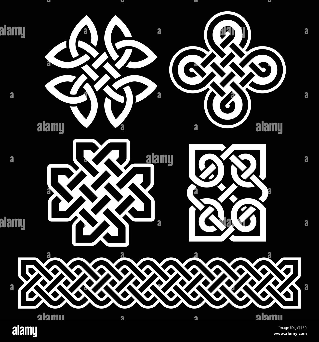 Celtic Irish knots, braids and patterns in white on black background ...
