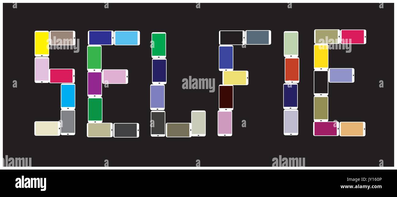 Selfie word made up of smart phones with color screens, on black ...