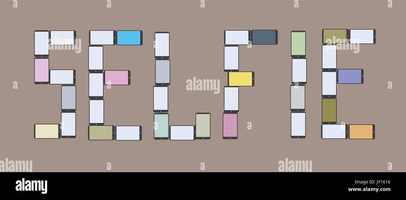 Selfie word made up of smart phones with color screens, vector Stock ...