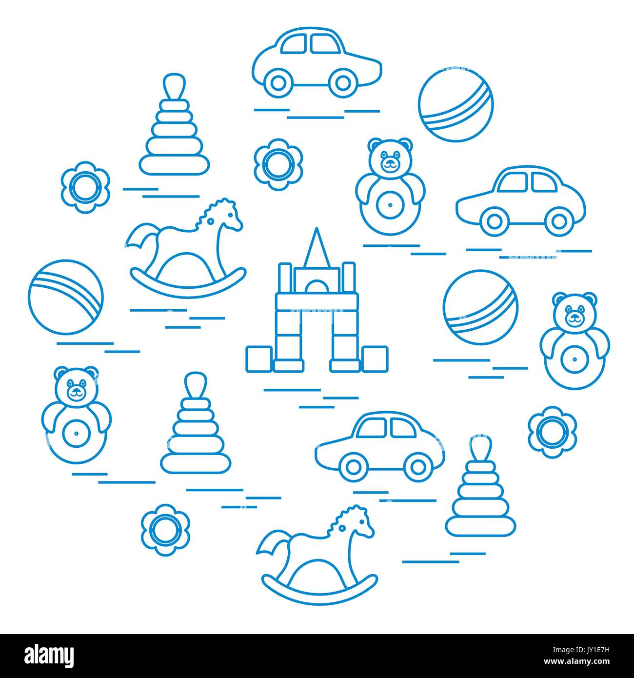 Vector illustration kids elements arranged in a circle: car, pyramid ...