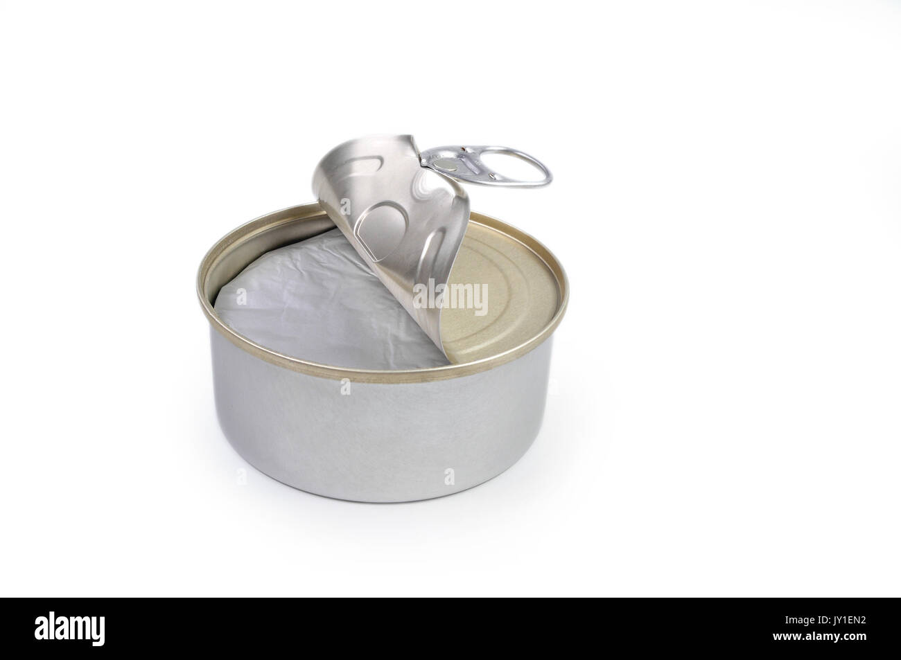 Opened bank of canned cheese isolated on white Stock Photo - Alamy