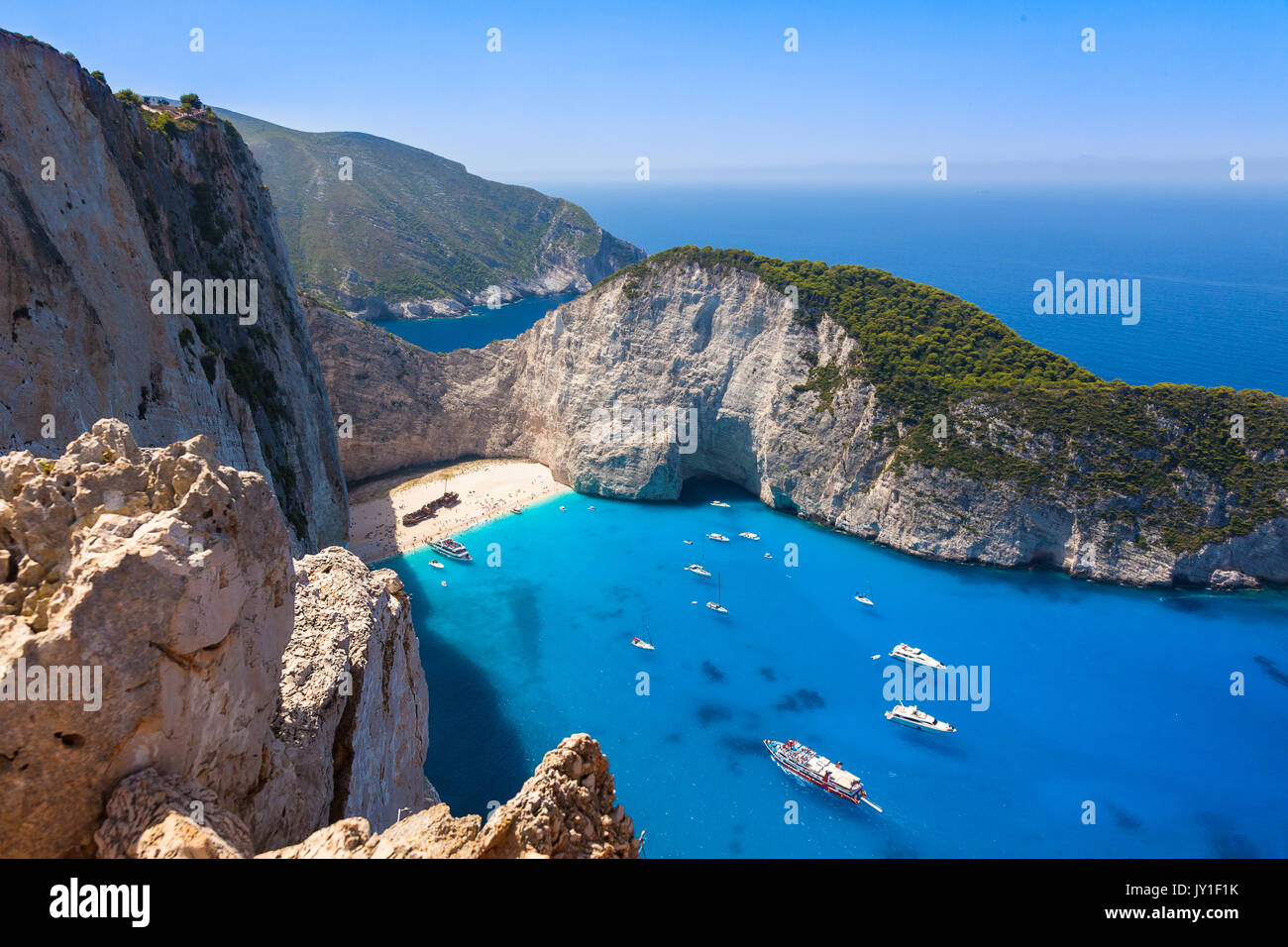 Navagio beach from Shipwreck cliff view in Zakynthos (Zante) island, in ...