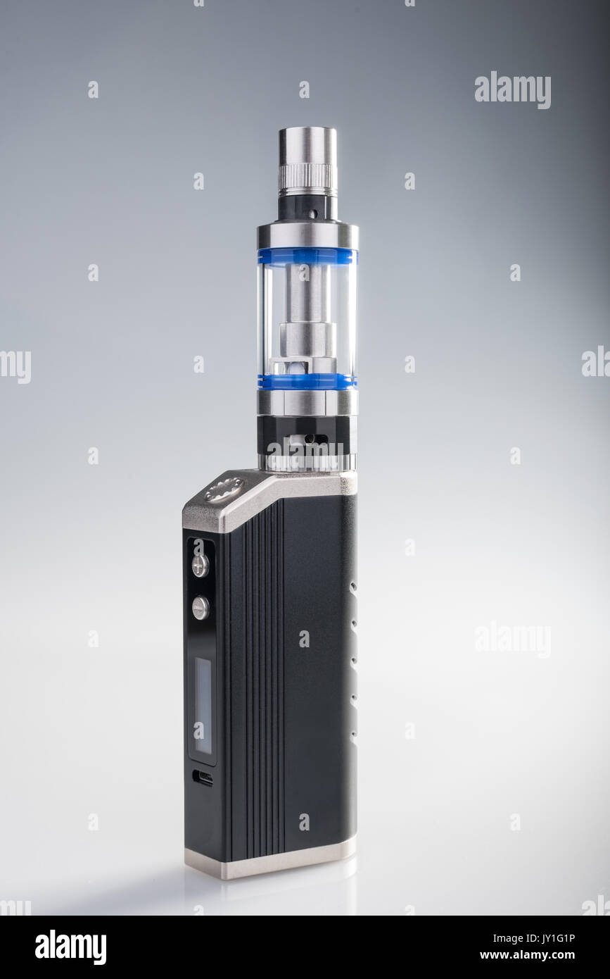 E-cig box mod on gray and white background Stock Photo - Alamy