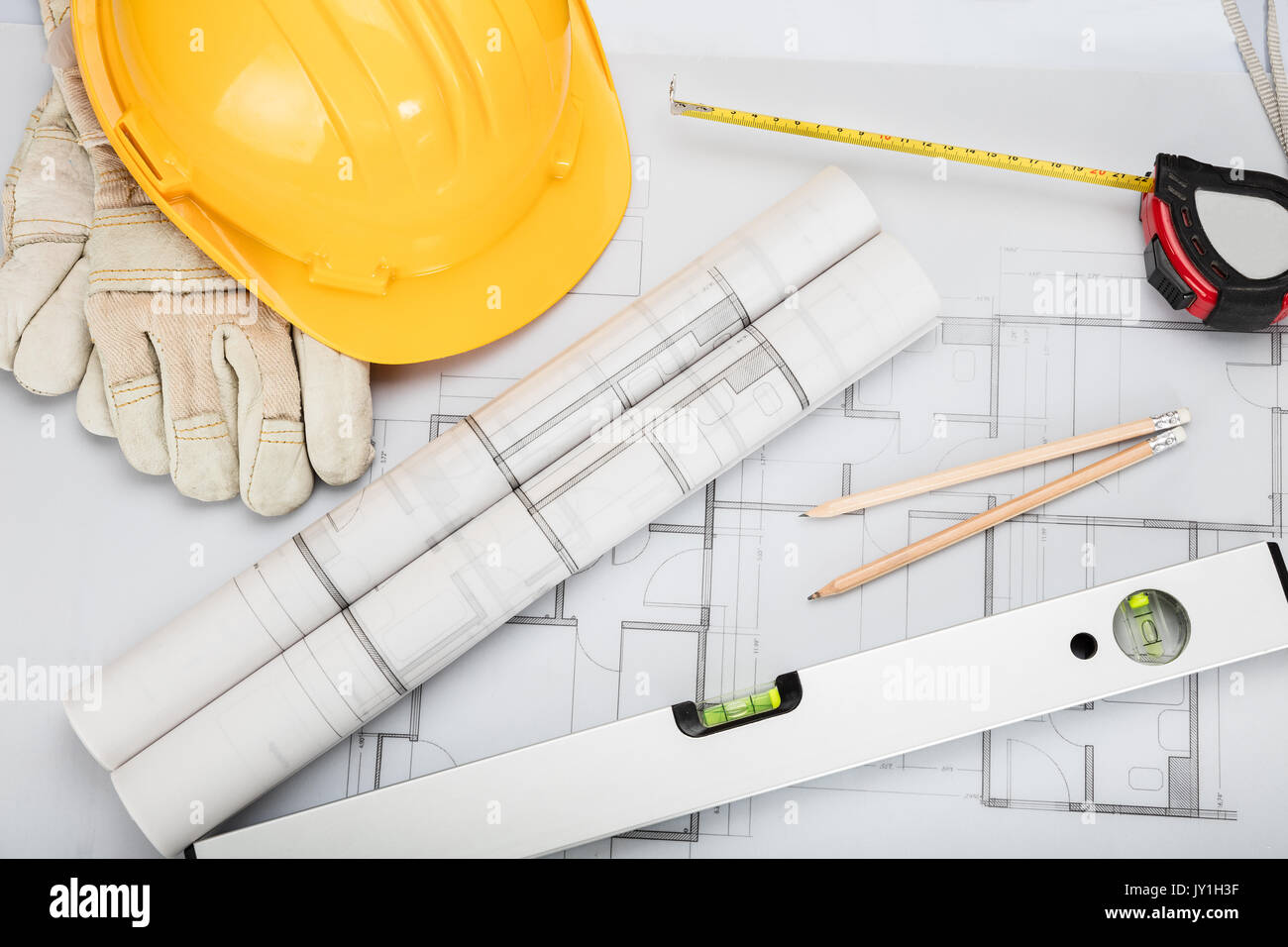 High Angle View Of Architectural Equipment With Blueprint On Desk Stock ...