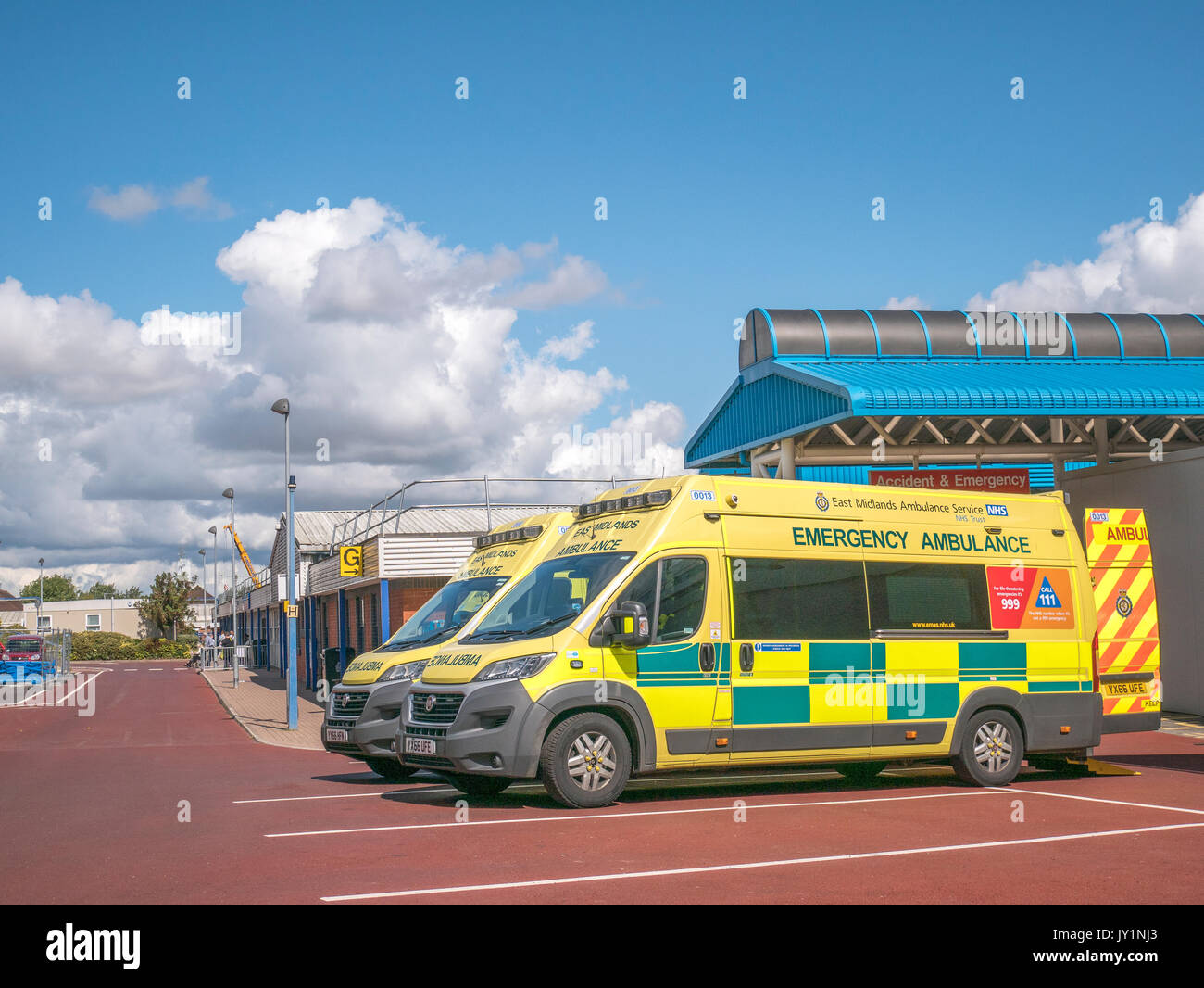 Emergency ambulances parked outside the A&E building at the NHS general ...