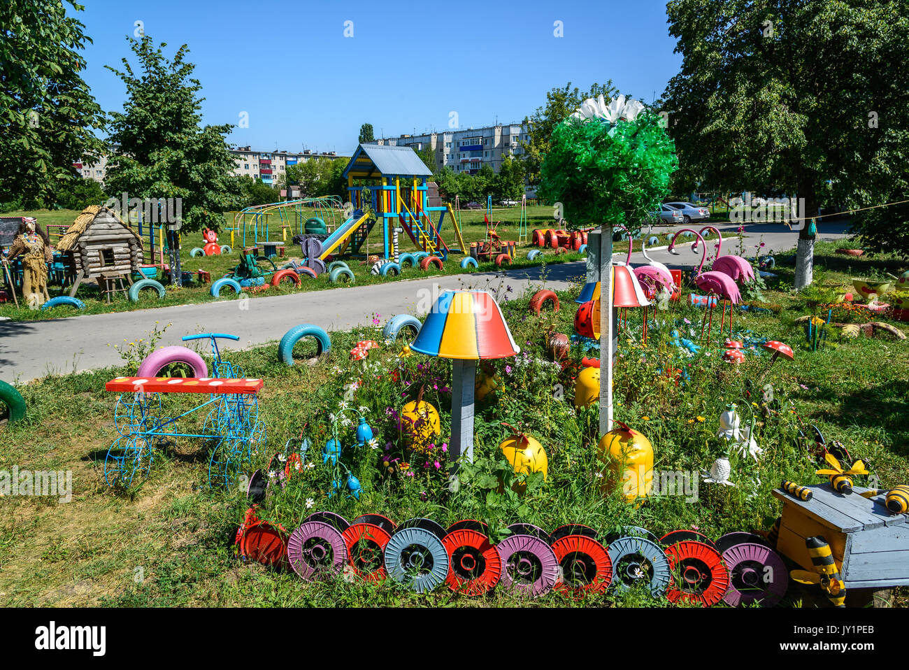 Homemade children's playground from an improvised materials, Russia ...