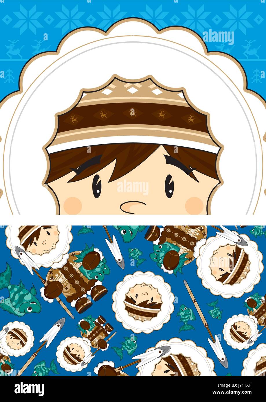 Cute Cartoon Inuit Fisherman with Spear and Fish Vector Illustration ...