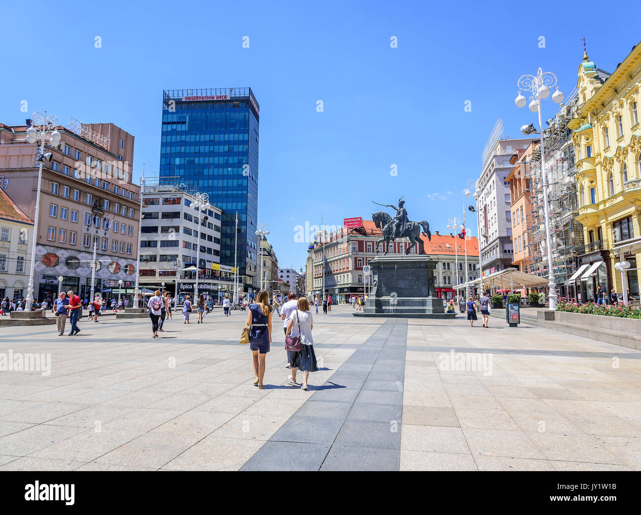 Square Ban Josip Jelacic with tourists and trams on a summer day in ...