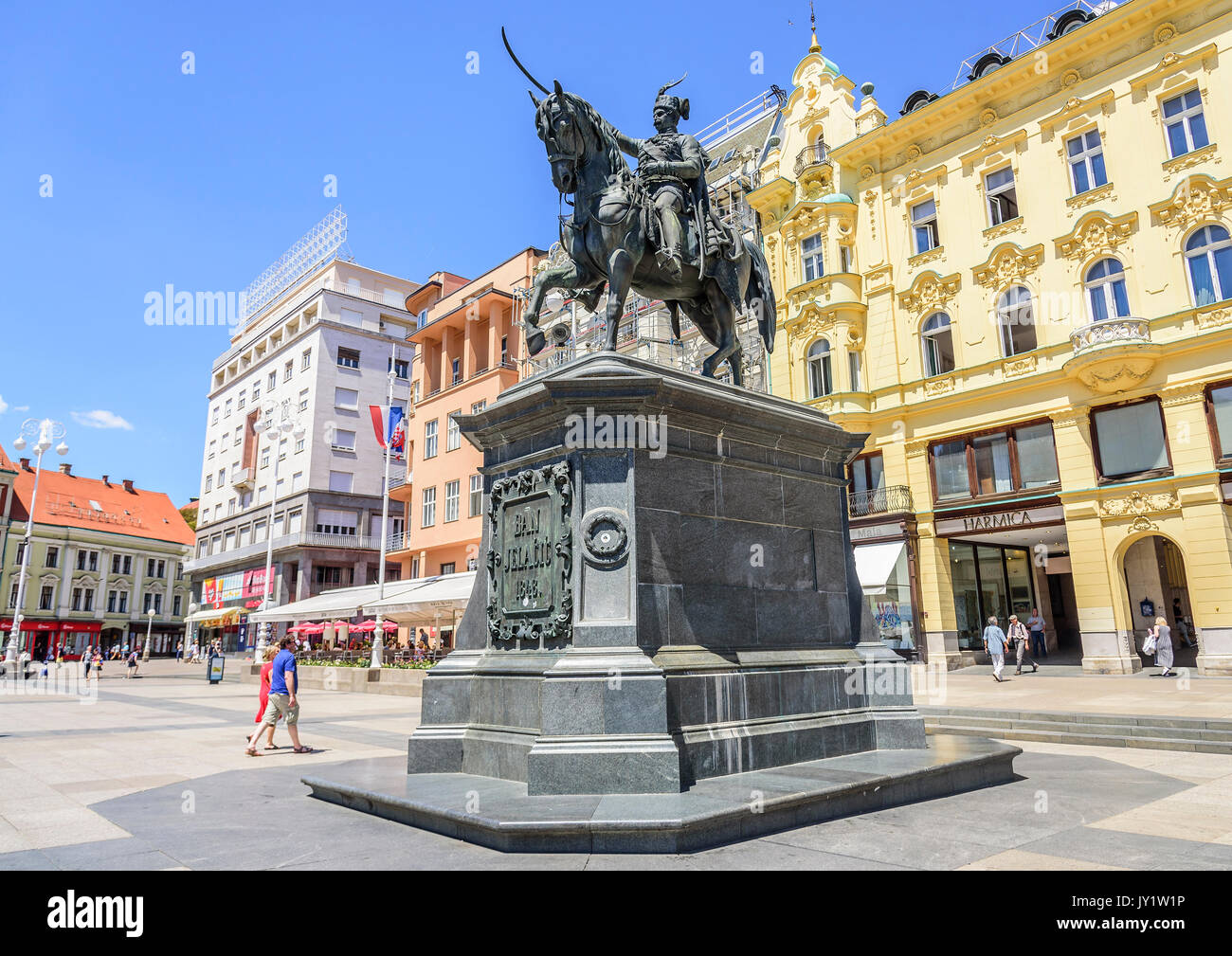Square Ban Josip Jelacic with tourists and trams on a summer day in ...