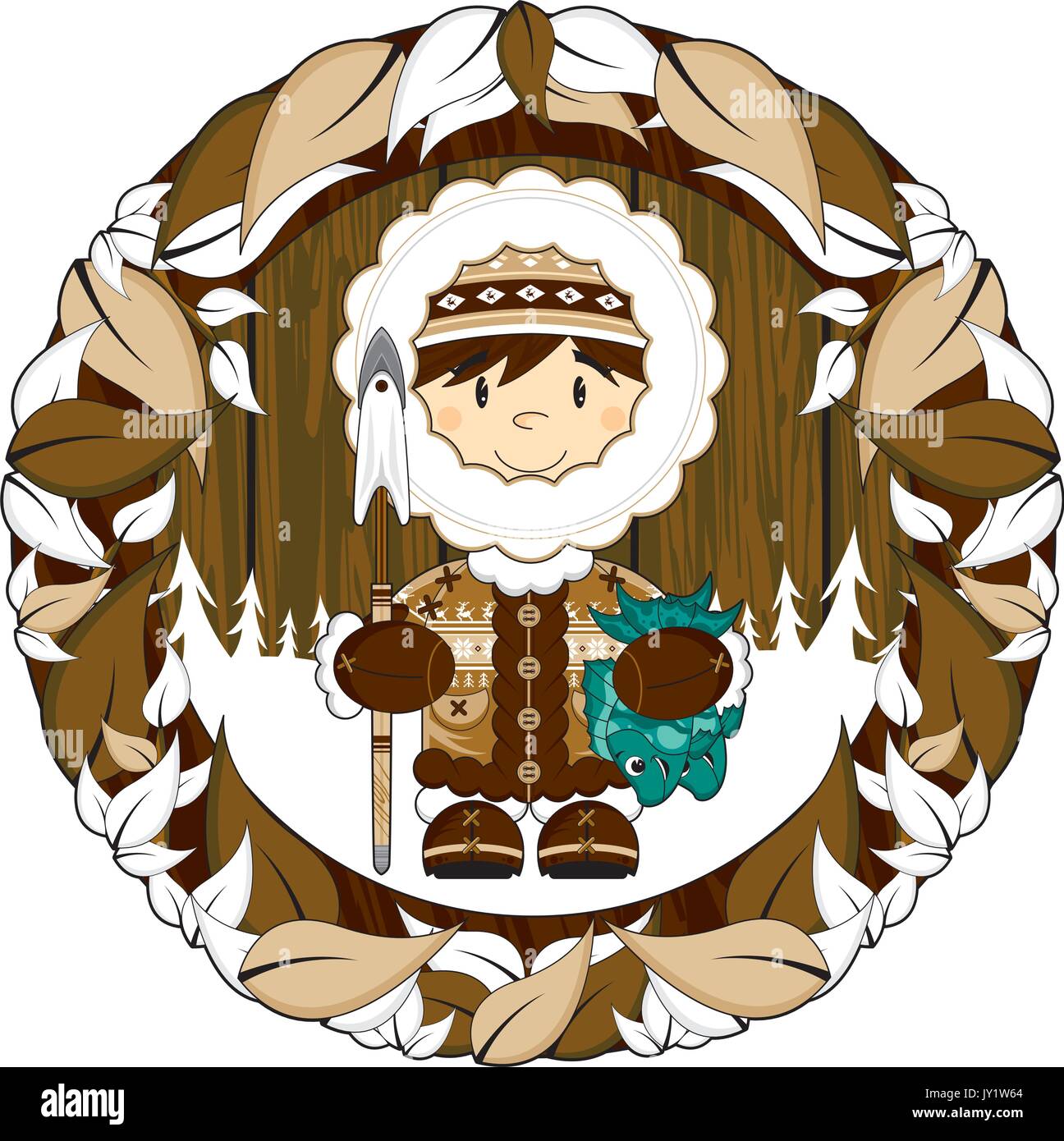 Cute Cartoon Inuit Fisherman with Spear and Fish Vector Illustration ...