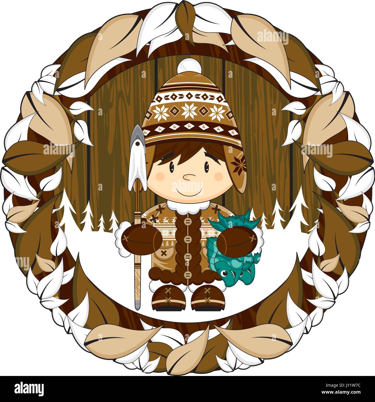 Cartoon Native American Boy Fishing