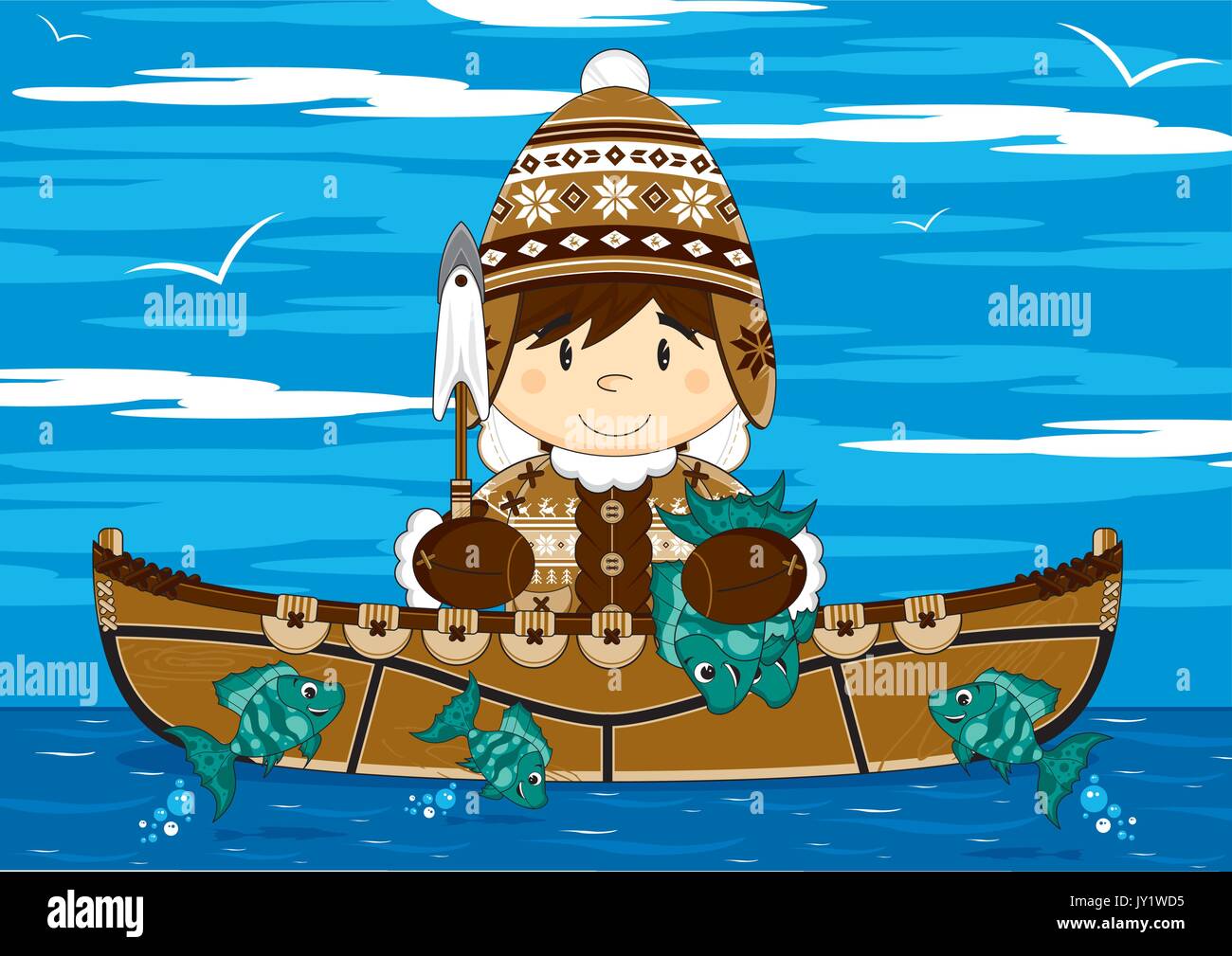 Cute Cartoon Inuit Fisherman in Kayak with Spear and Fish Stock Vector ...