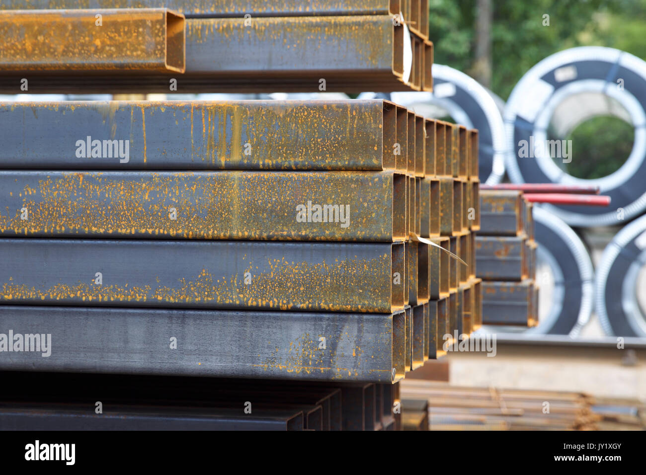 Metal profile pipe of rectangular cross section in packs at the ...
