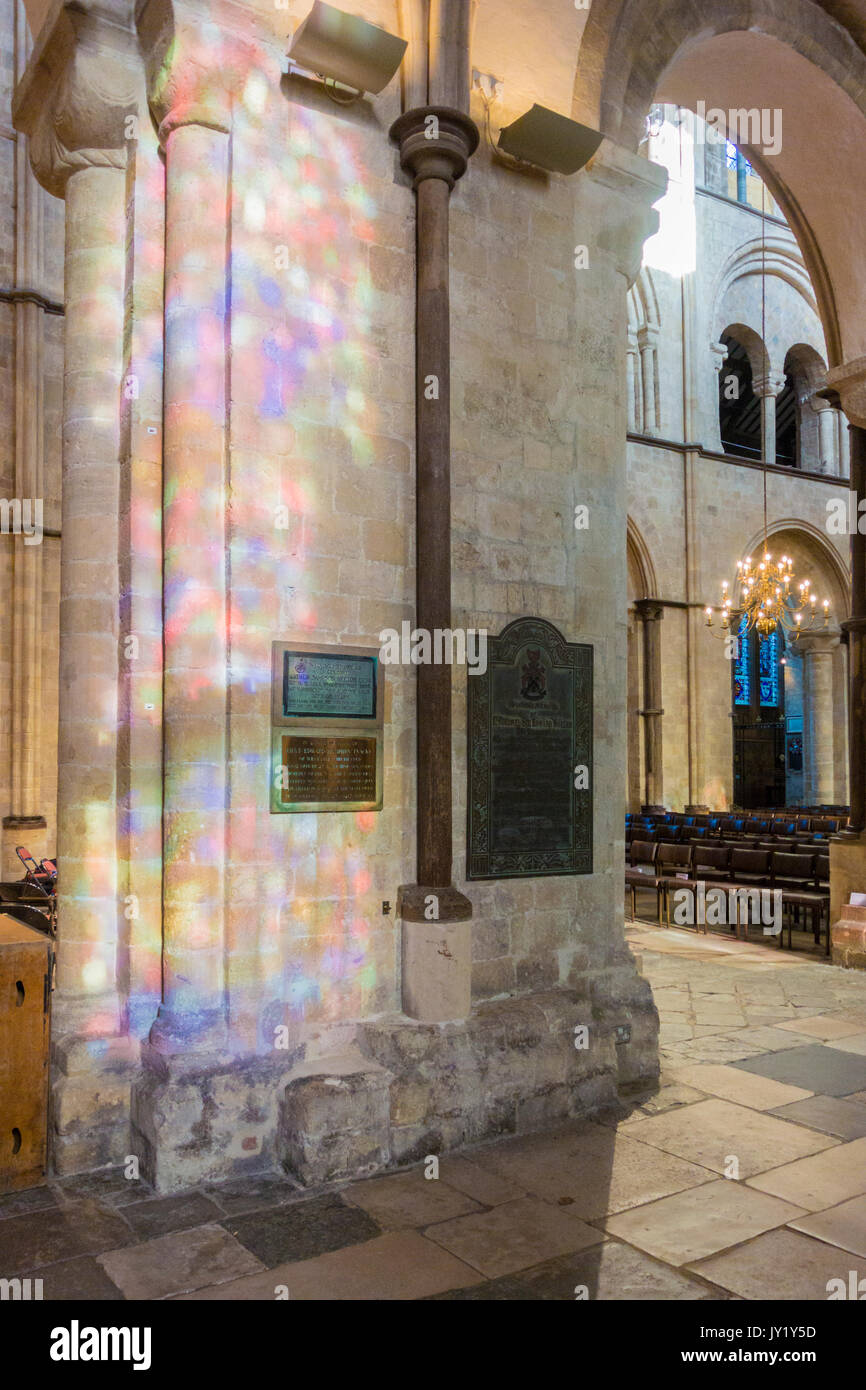Colourful reflections on church column from stained glass windows Stock ...