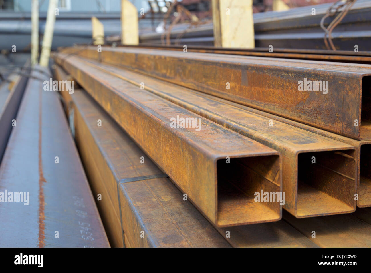 Metal profile pipe of rectangular cross section in packs at the ...