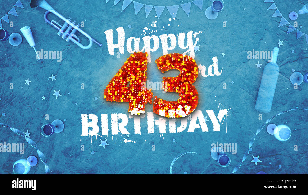 Happy 43rd Birthday Card with beautiful details such as wine bottle, champagne glasses, garland ...