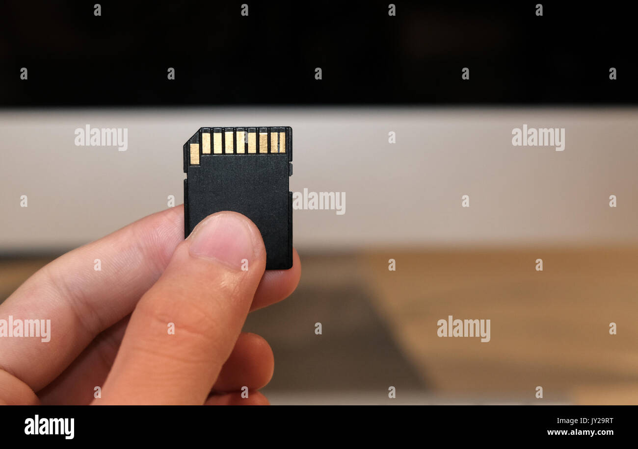 SD memory card in front of a desktop computer and keyboard Stock Photo ...