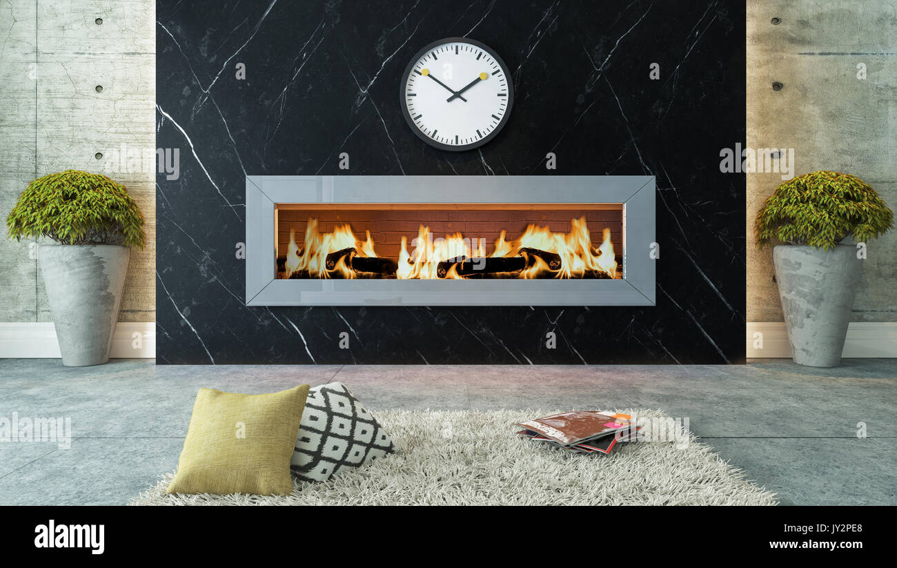 living room with black marble fireplace 3D design and rendering for your project 3D rendering ...
