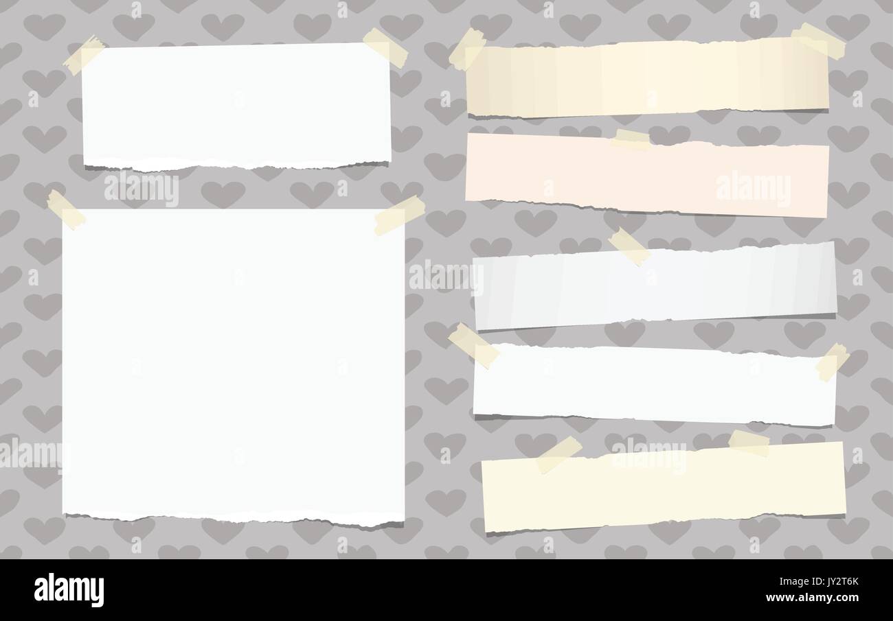 White ripped note, copybook, notebook paper strips stuck with sticky ...