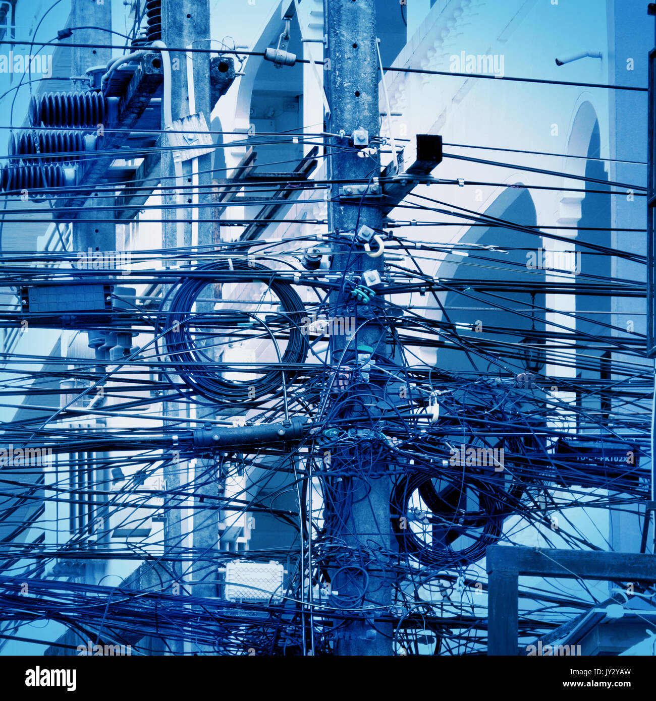 an image of a metal tower of Power Lines Stock Photo - Alamy