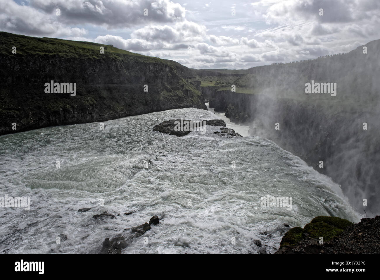 Gullfoss Falls, Golden Falls, drops 32 meters, 105 ft into a canyon ...