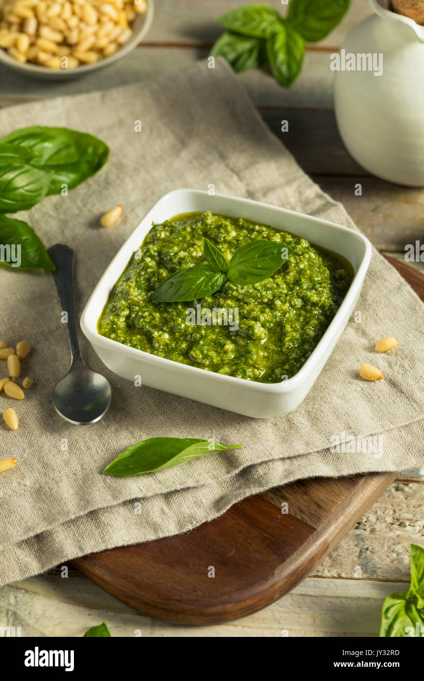 Homemade Italian Green Basil Pesto Sauce with Pine Nuts Stock Photo - Alamy