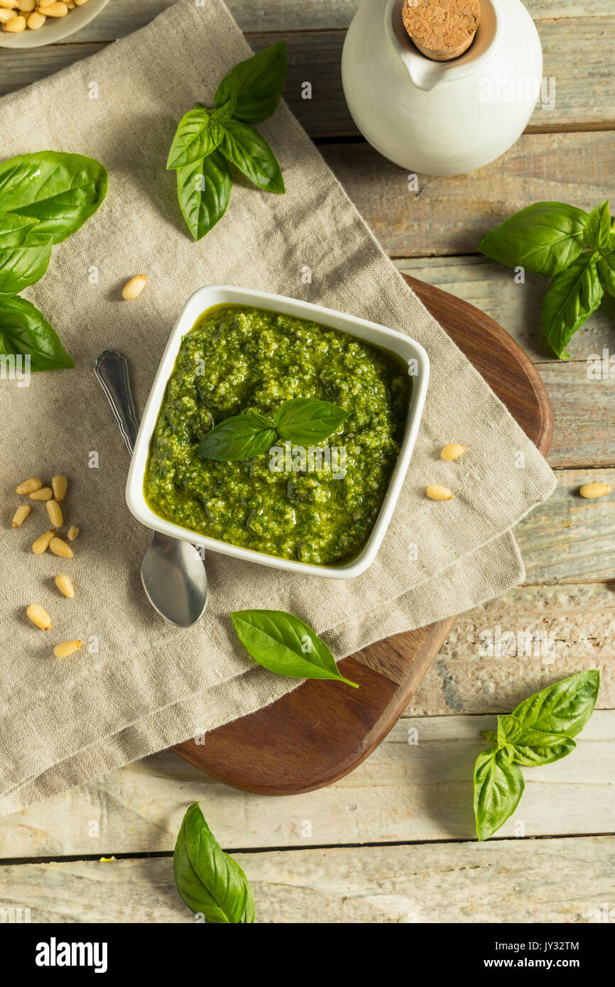 Homemade Italian Green Basil Pesto Sauce with Pine Nuts Stock Photo - Alamy