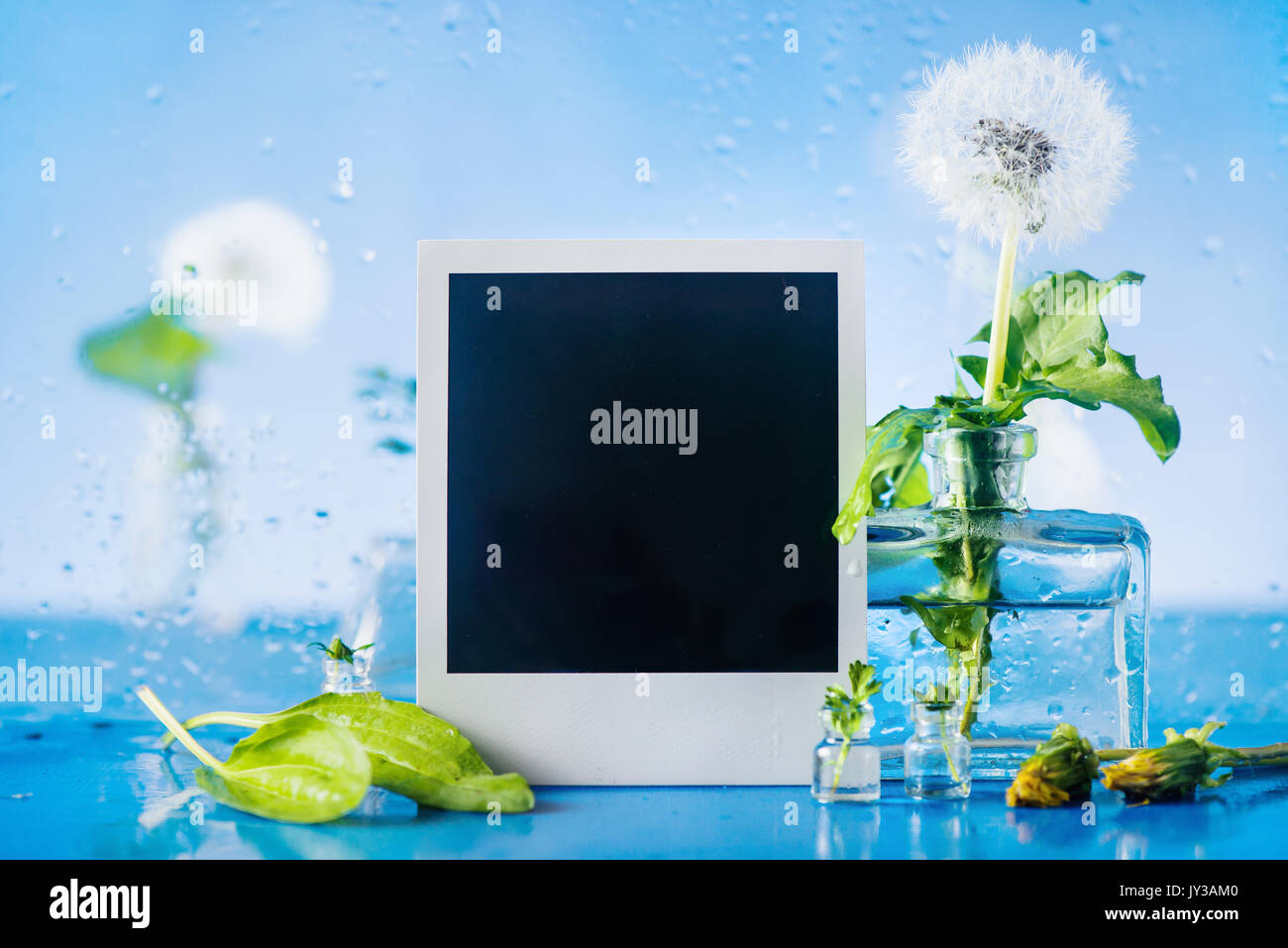 Simple still life with instant photo frame, summer rain, drops on a ...