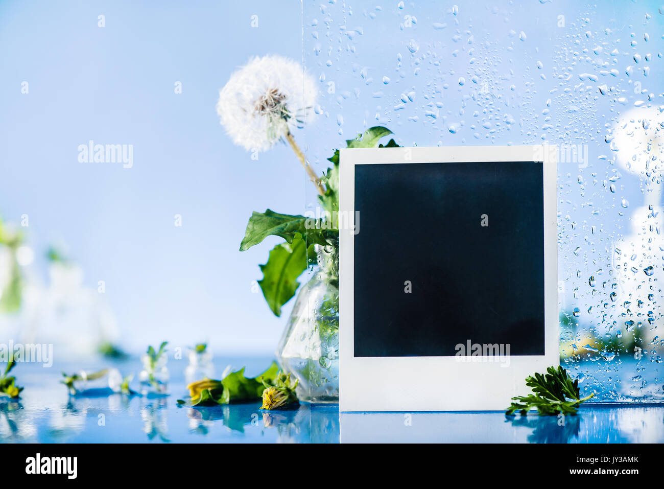 Simple still life with instant photo frame, summer rain, drops on a ...