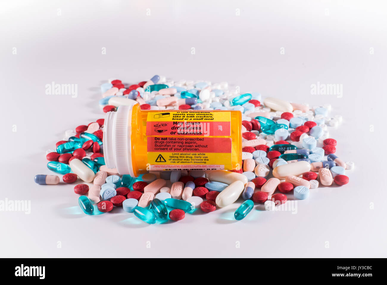 Pill bottle with label warning of side effects including dizziness and ...