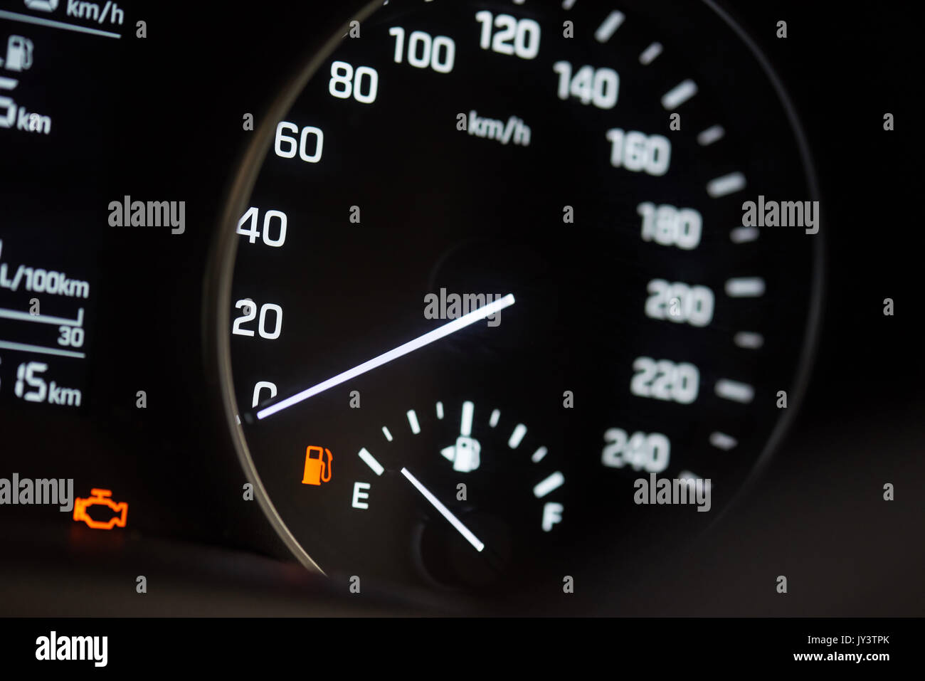 Illuminated modern car speedometer. Vehicle with empty fuel tank Stock ...